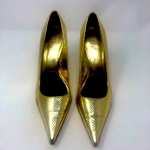 Aldo | Shoes | Aldo Gold Metallic Leather Snake Reptile Effect Pointy ...